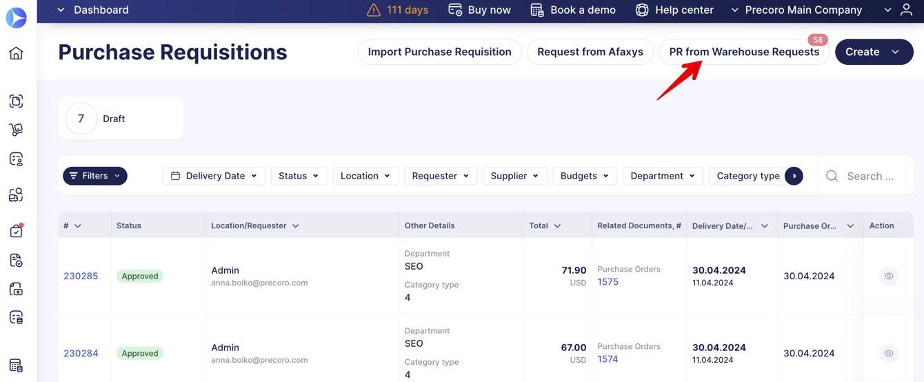 How to Create a Purchase Requisition from a Warehouse Request
